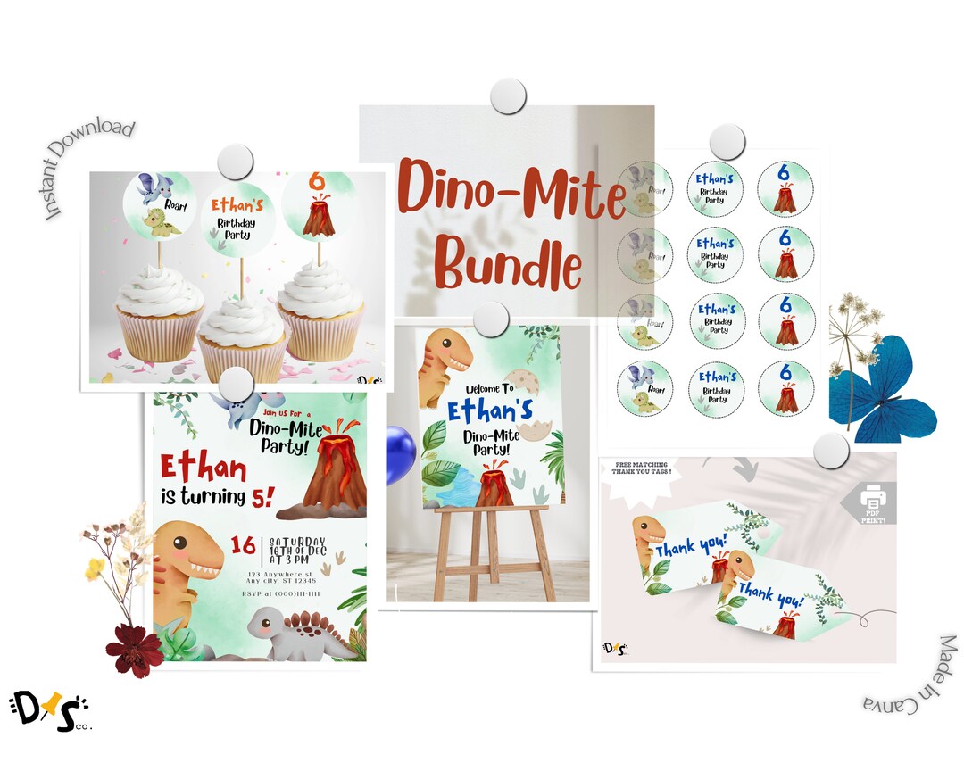 Digital Dino-mite Dinosaur Themed Bundle, Personalizable, Editable and ...