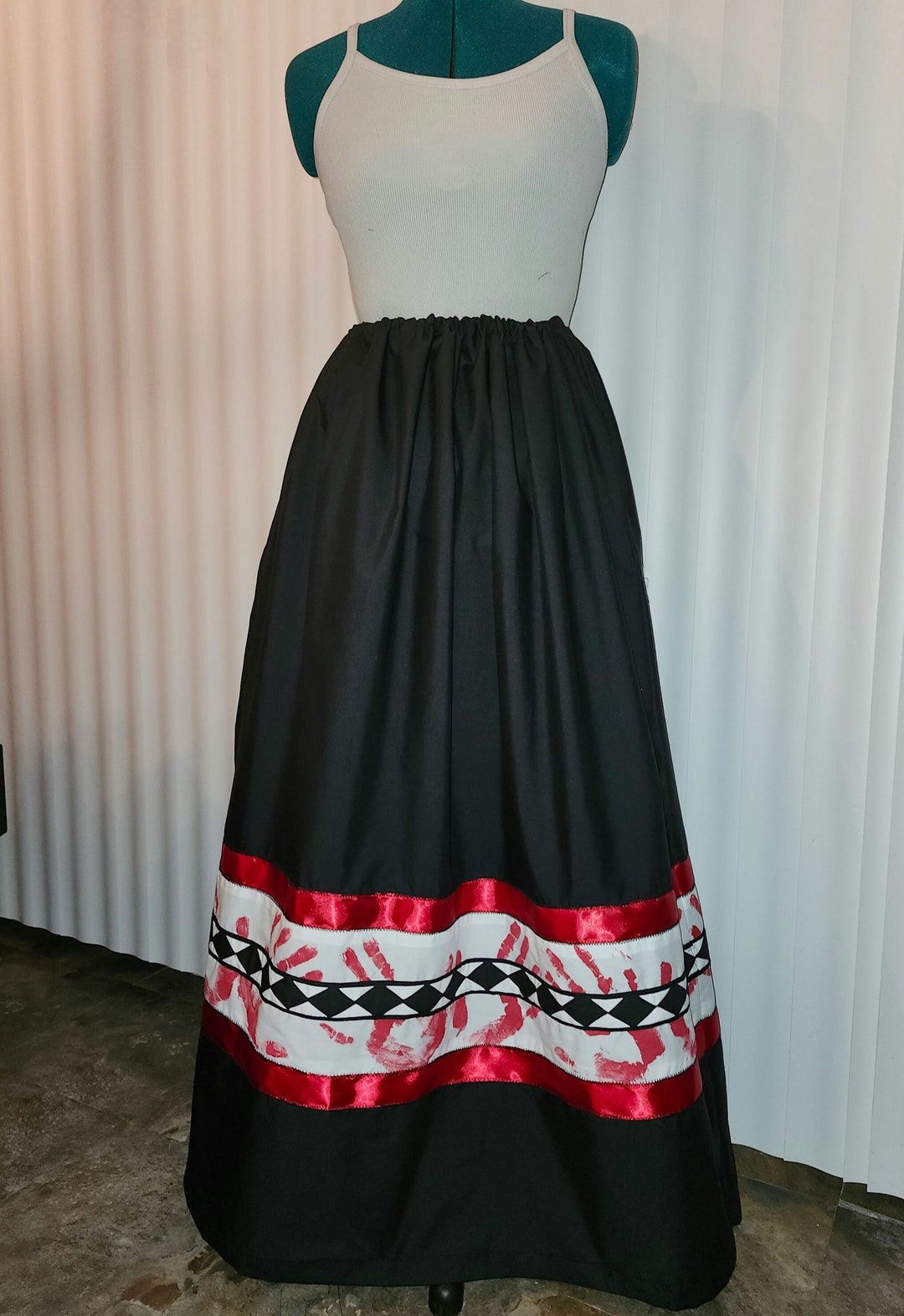 41 Long Ribbon Skirt MMIW, Choctaw, Red Handprint, Black Skirt, With ...
