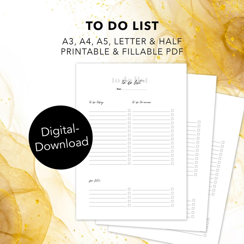To Do List A3, A4, A5, Letter, Half Letter Printable & Fillable PDF ...