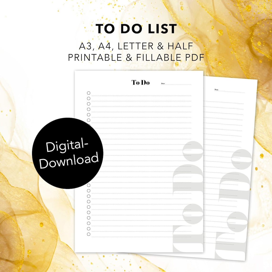 To Do List A3, A4, A5, Letter, Half Letter Printable PDF Digital ...