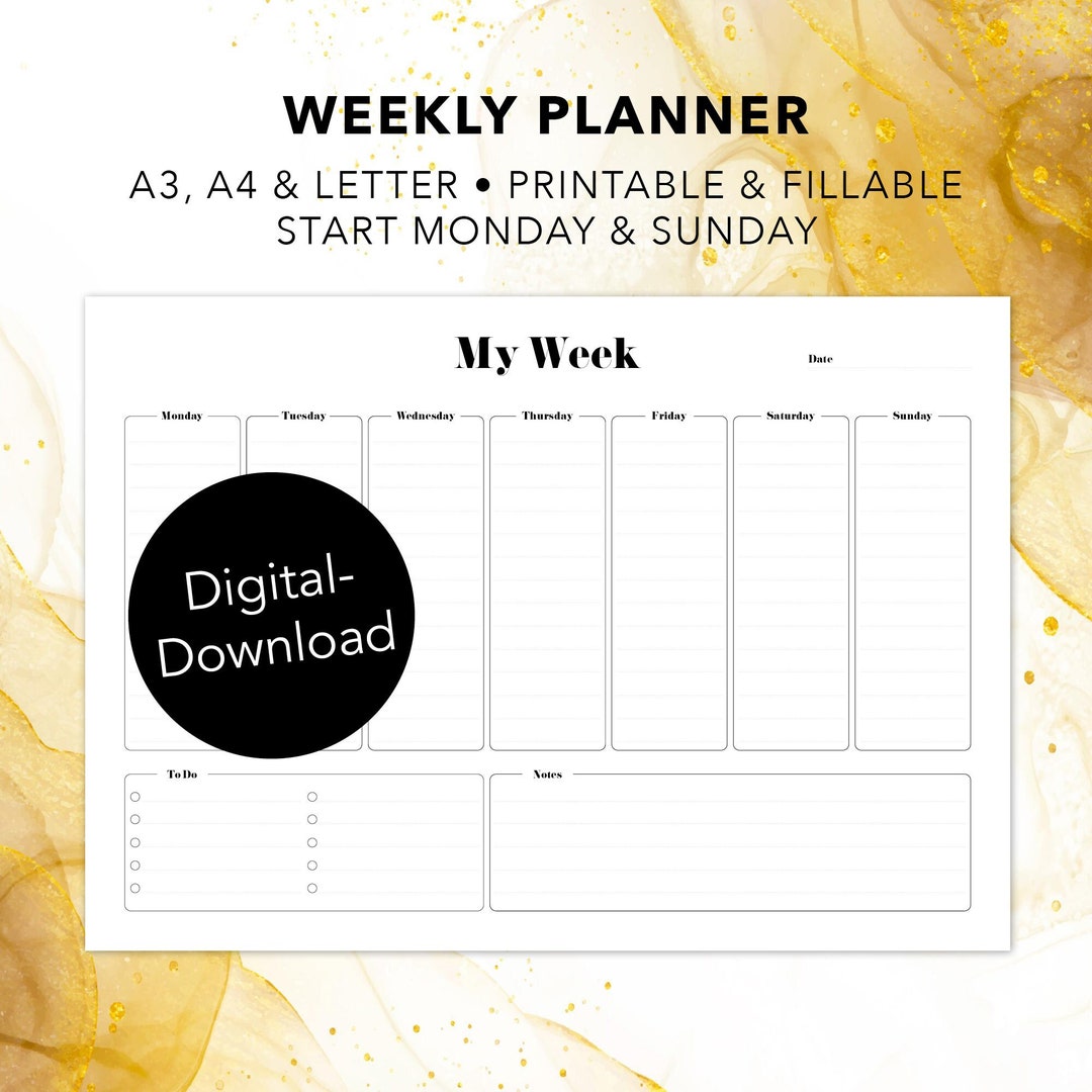 Weekly Planner A3, A4, Letter Printable & Fillable PDF Start Monday ...