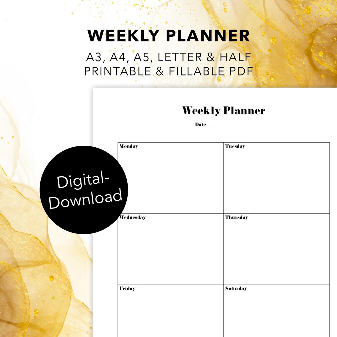Weekly Planner A3, A4, A5, Letter Printable & Fillable PDF Digital ...