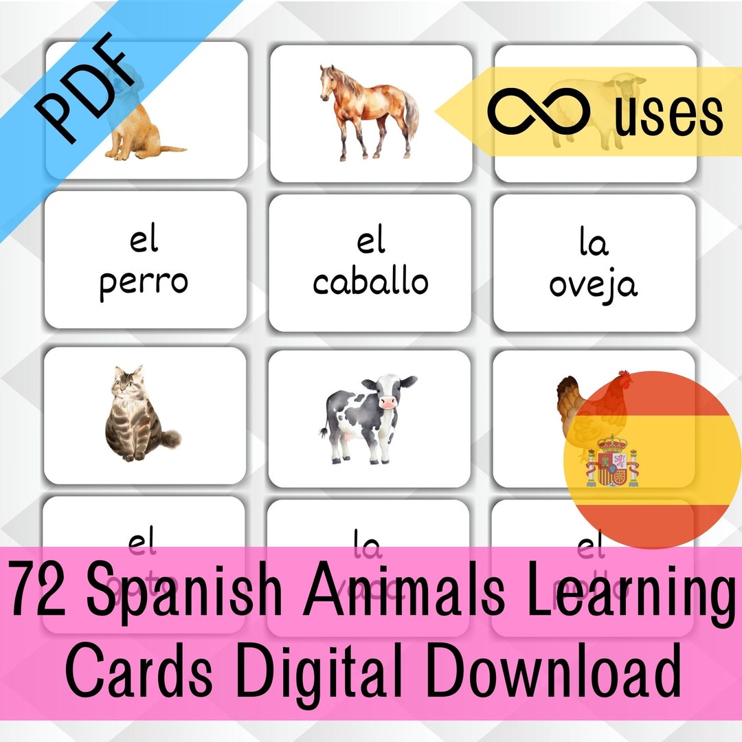 72 Spanish Animals Printable Sensorial Montessori Flashcards PDF for ...