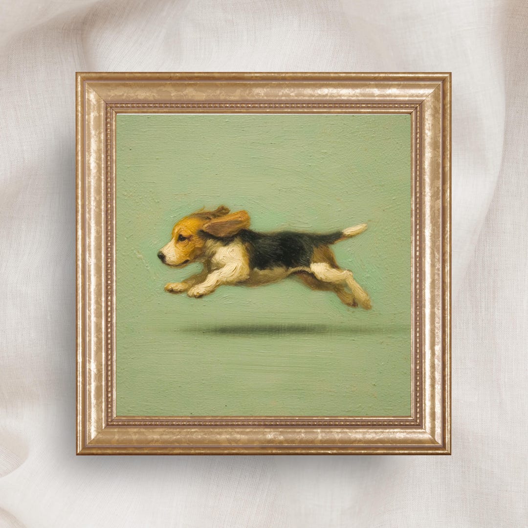 Beagle Dog With Zoomies Oil Painting Print, Playful Dog Wall Art ...