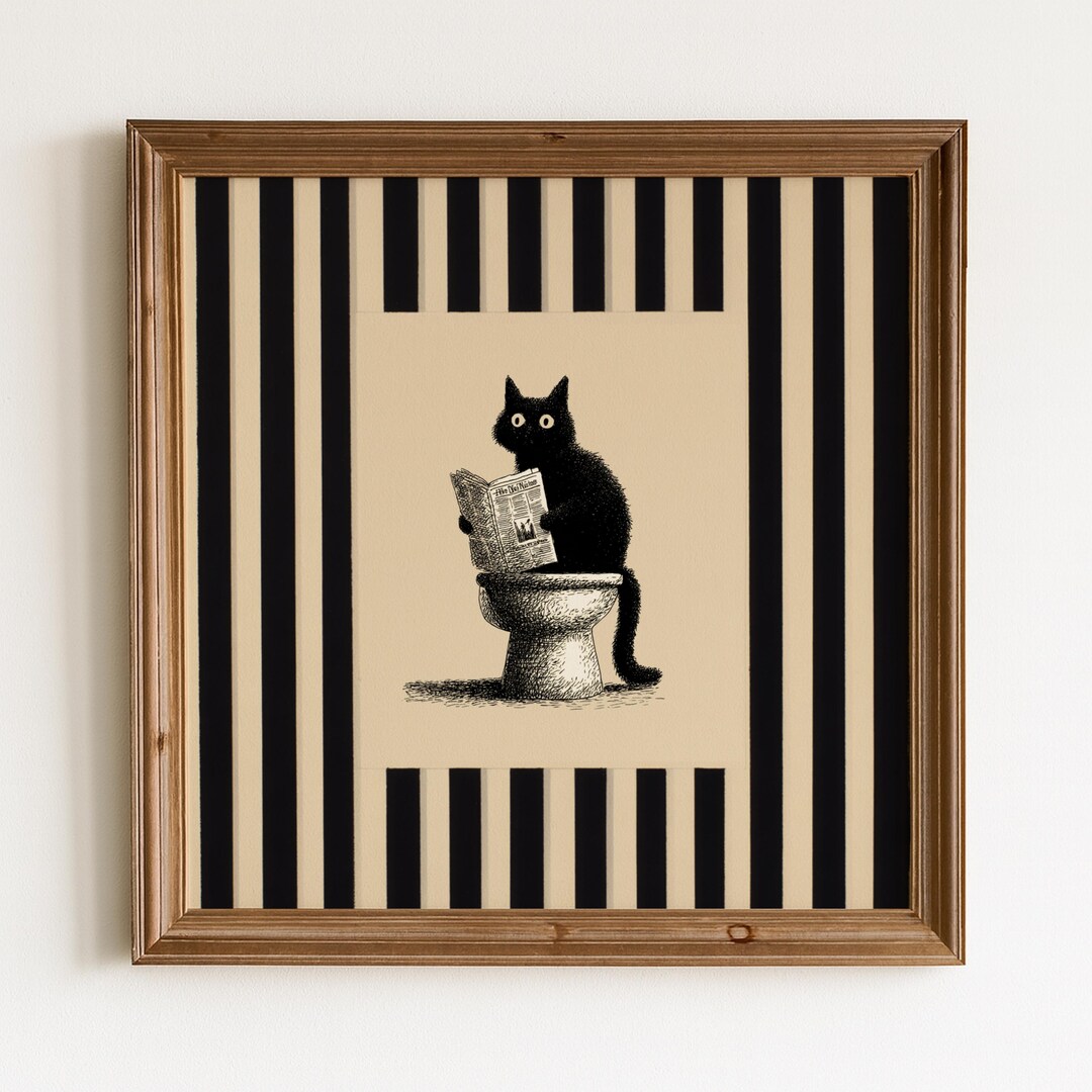 Funny Bathroom Vintage Cat on Toilet Poster, Black Ink Cat Sketch ...