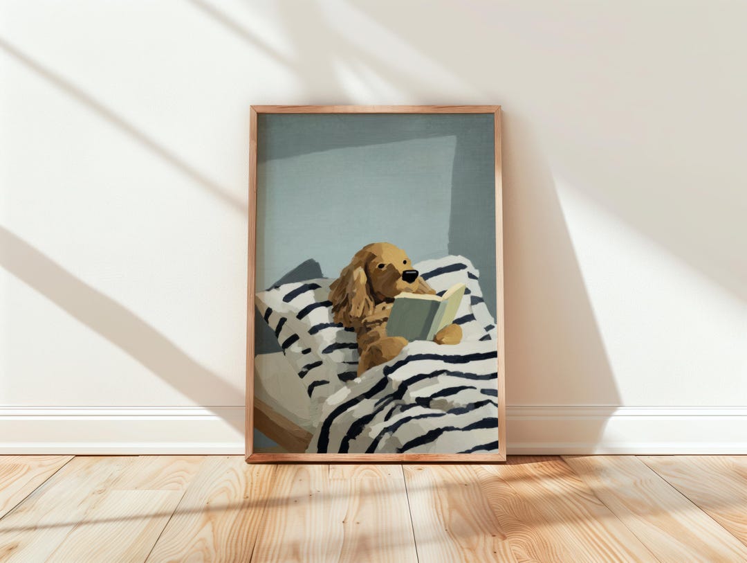 Brown Cocker Spaniel Reading Book Painting – Cozy Dog Wall Art for ...