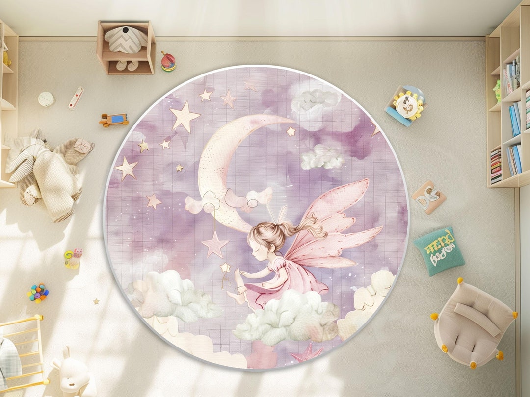 Magical Fairy With Moon and Stars Round Nursery Rug – Enchanting Play ...
