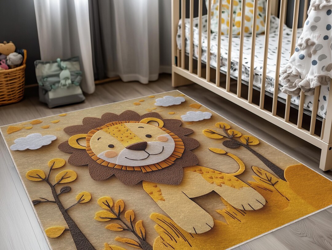 Lion Nursery Rug: Safari Animal Play Mat, Yellow Kids Room Decor - Etsy