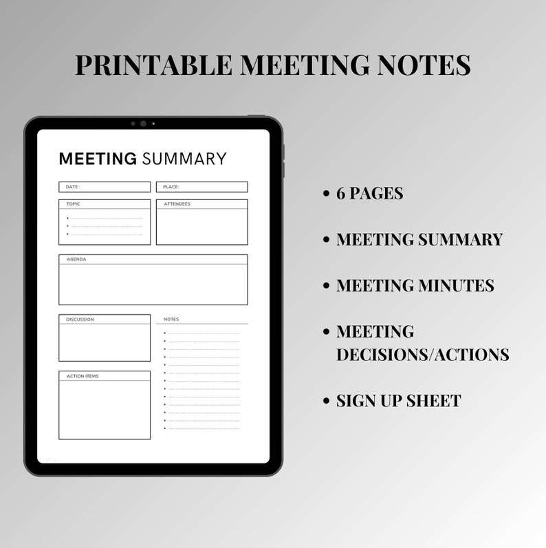 Simple Meeting Notes Printable Templates, Meeting Minutes, Work Notes ...