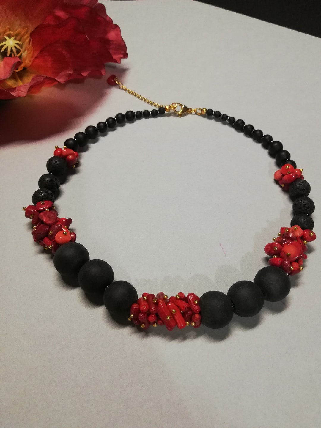 Red and Black Gemstone Necklace, Red Coral Necklace, Obsidian and Lava ...