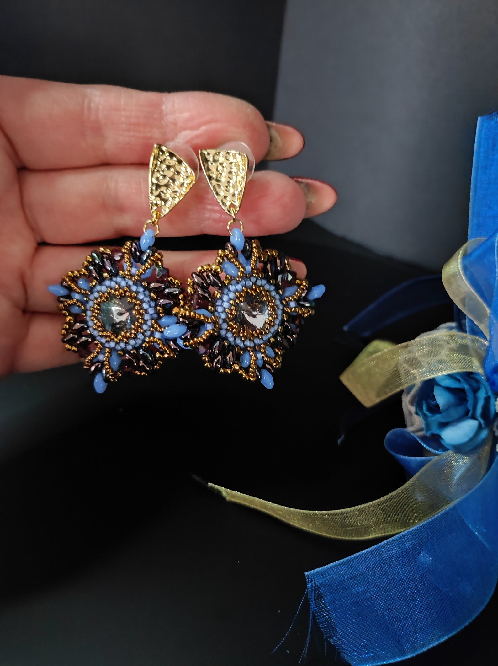 Handmade Beaded Earrings With Central Crystals, Chunky Beaded Earrings, Elegant Statement ...