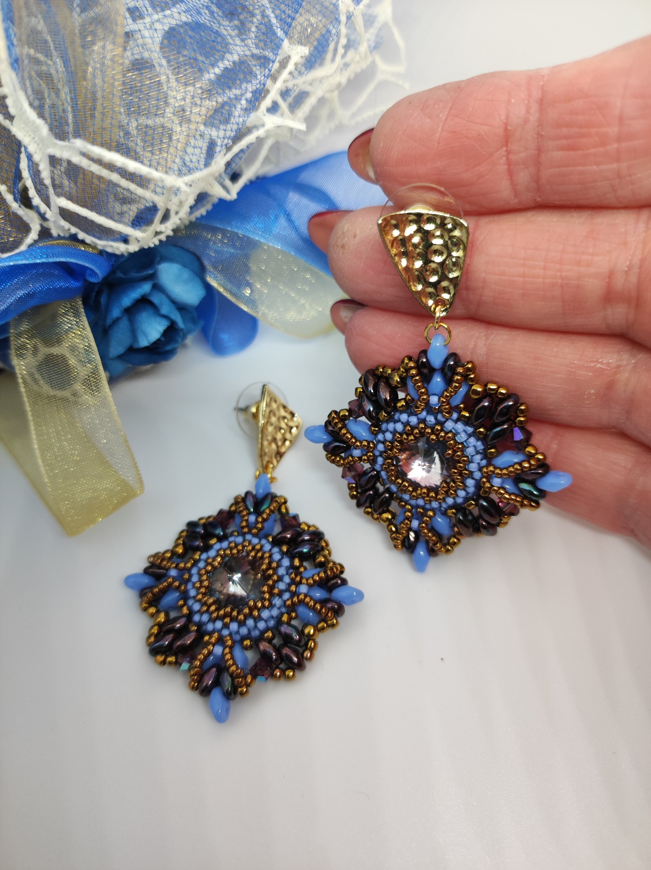 Handmade Beaded Earrings With Central Crystals, Chunky Beaded Earrings ...