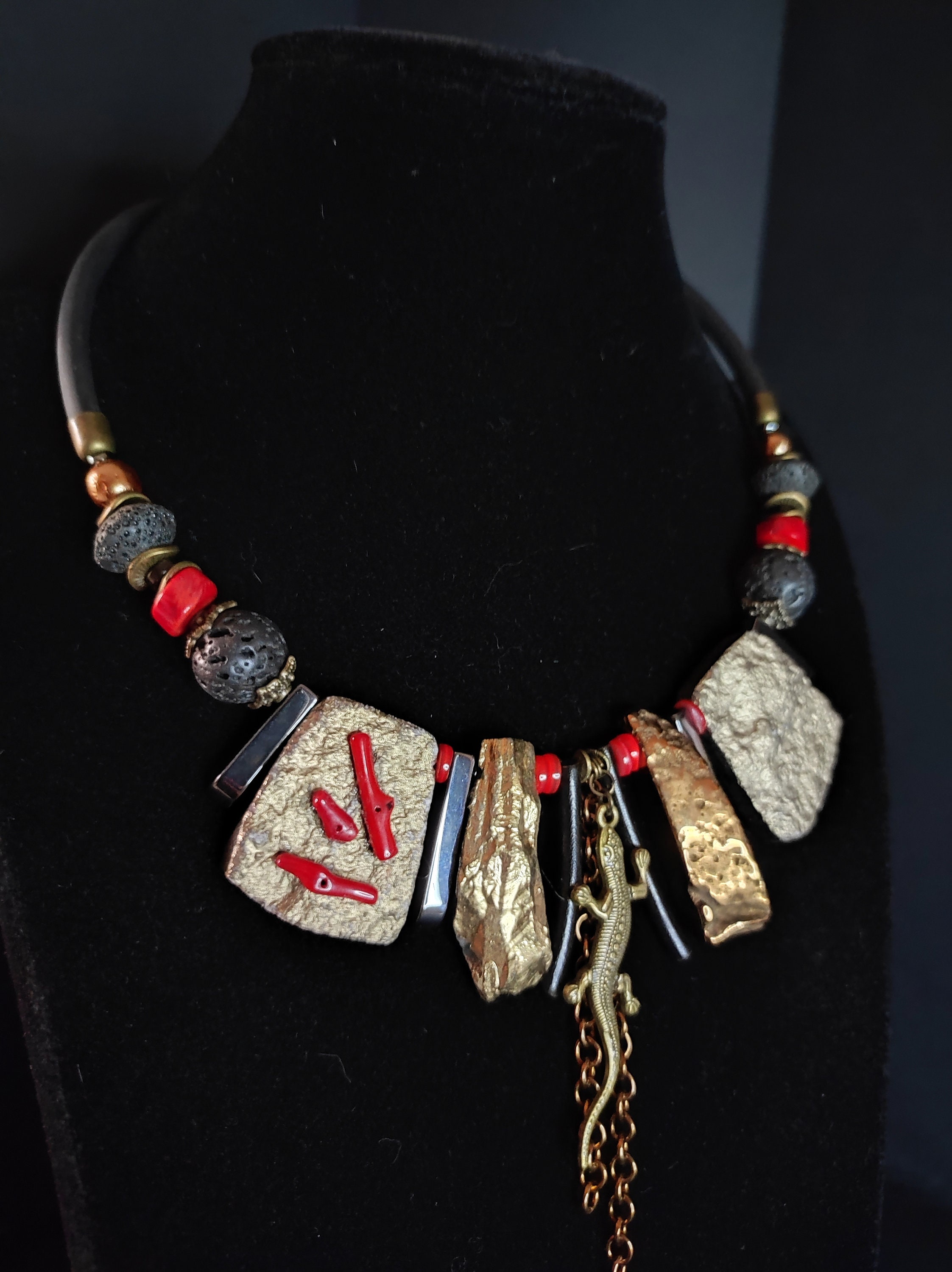 Artistic Choker Necklace, Gemstone and Red Coral Necklace, Tribal ...