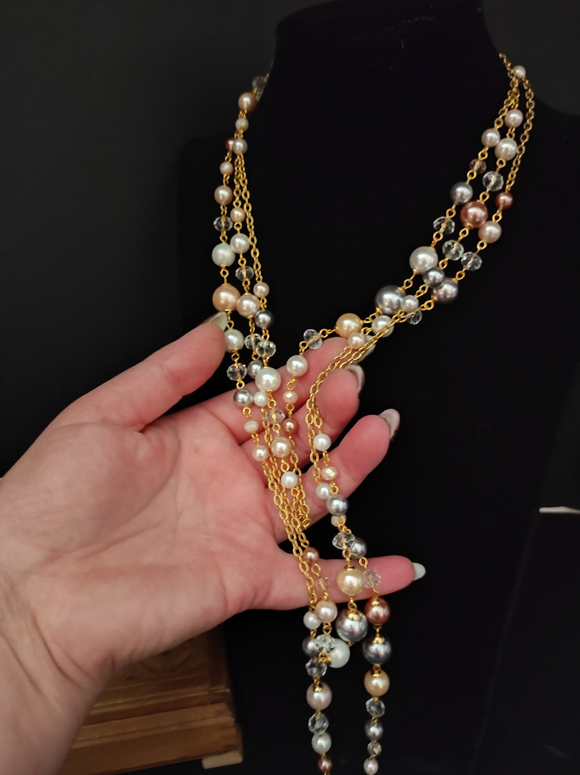 Long Pearl Layered Necklace, 50s Style Handmade Necklace With Majorca ...