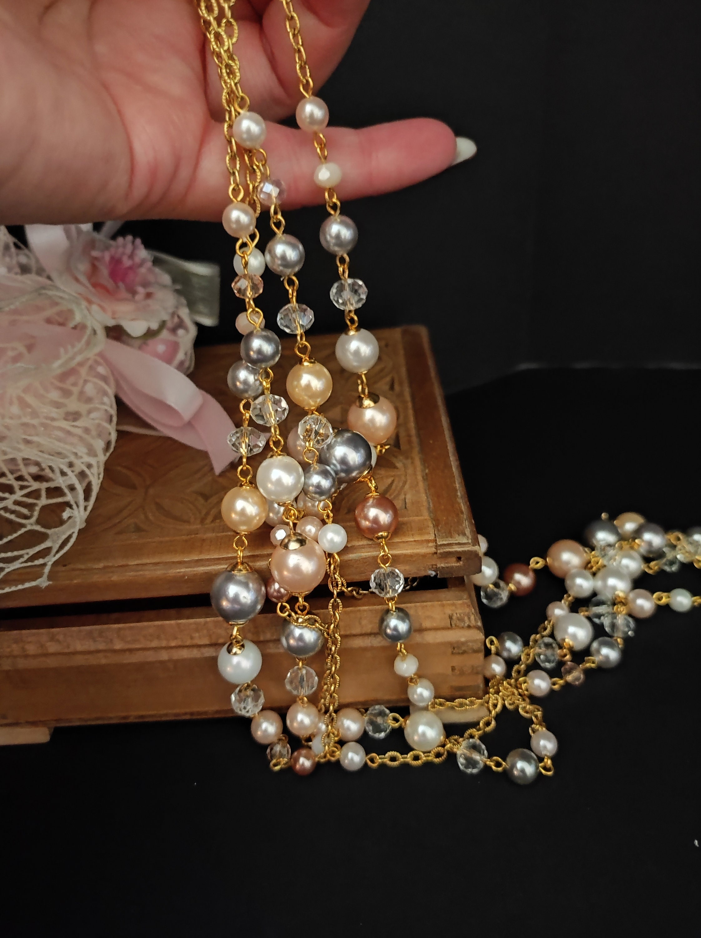 Long Pearl Layered Necklace, 50s Style Handmade Necklace With Majorca ...