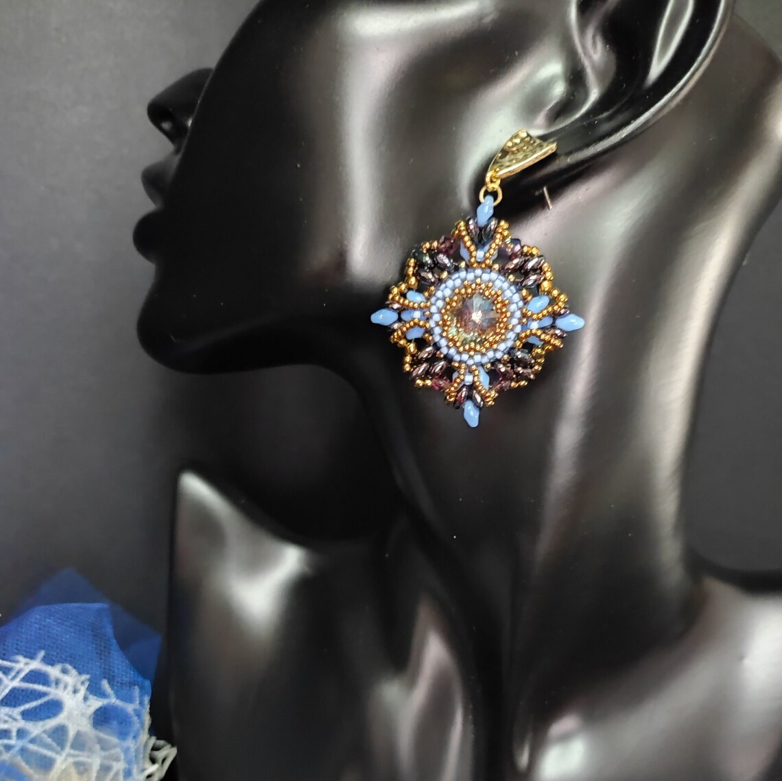 Handmade Beaded Earrings With Central Crystals, Chunky Beaded Earrings, Elegant Statement ...