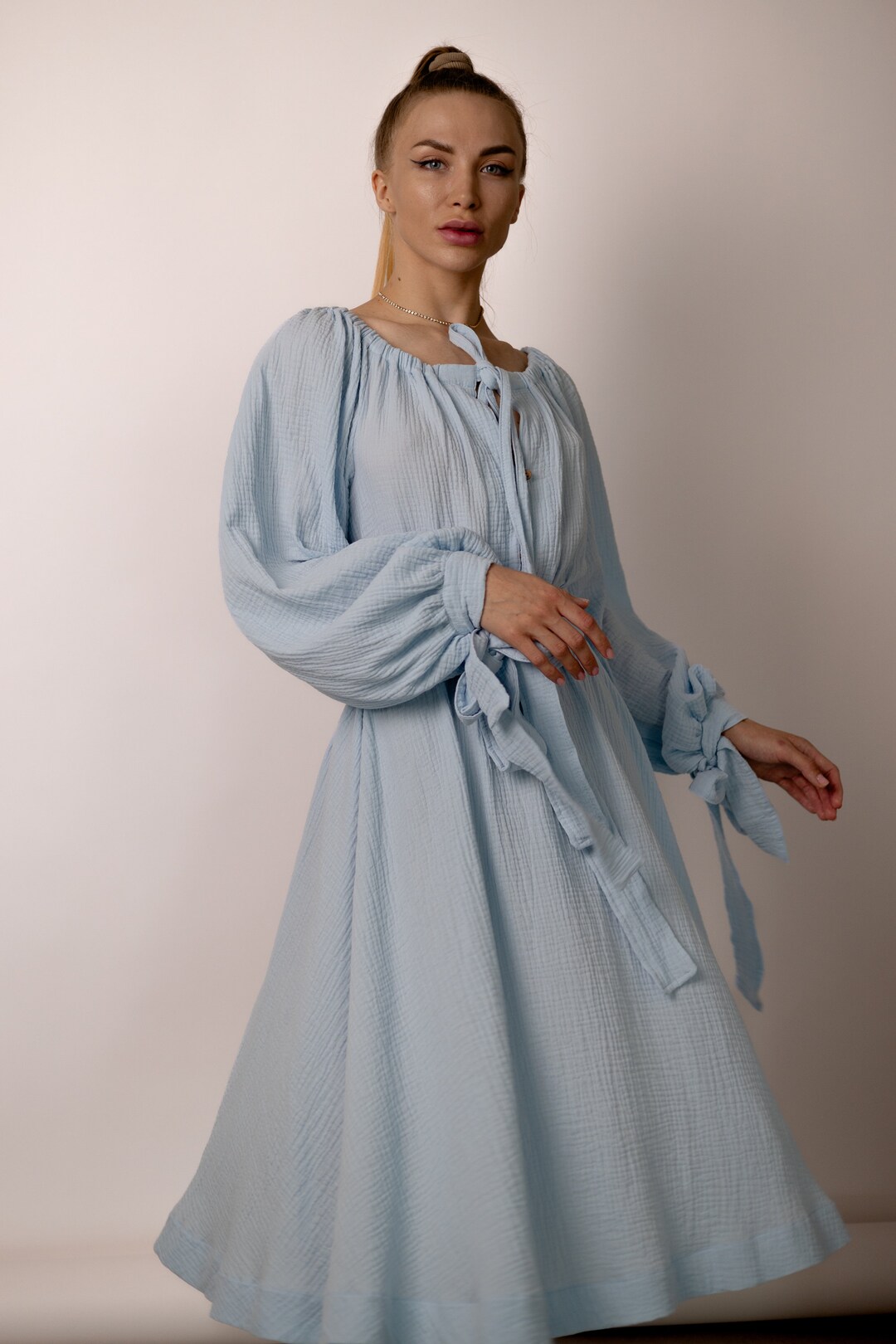 Serene- A Line Midi Muslin Cotton Dress for Women, Wide Puffy Sleeves ...