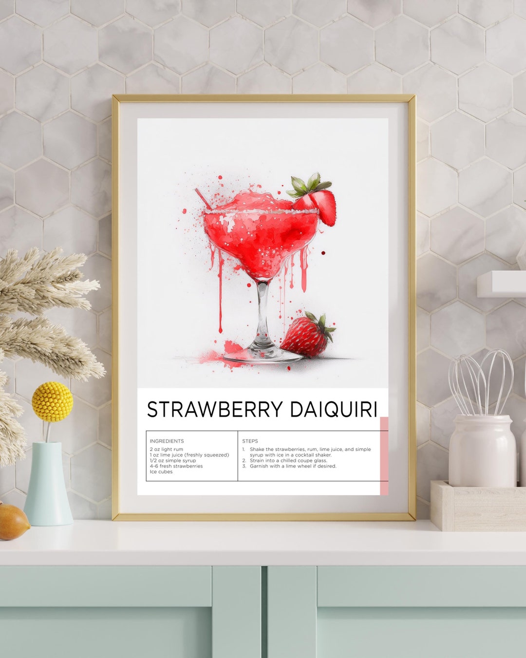 Strawberry Daiquiri Recipe Poster Modern Cocktail Art Kitchen Bar Decor ...