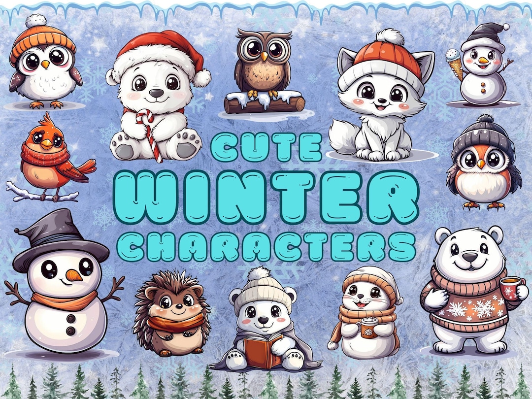 Cute Winter Characters Clip Art Bundle Kawaii Transparent Printable ...