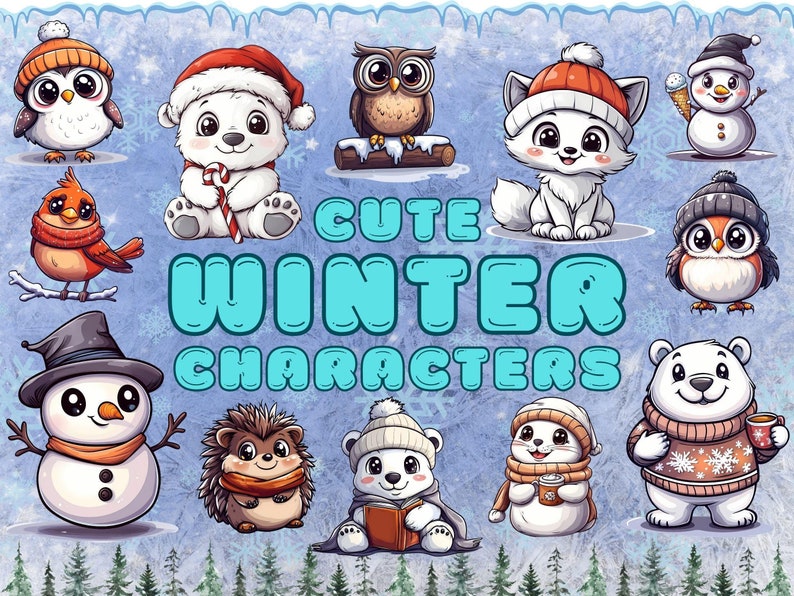 Cute Winter Characters Clip Art Bundle Kawaii Transparent Printable ...