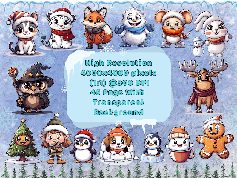 Cute Winter Characters Clip Art Bundle Kawaii Transparent Printable ...