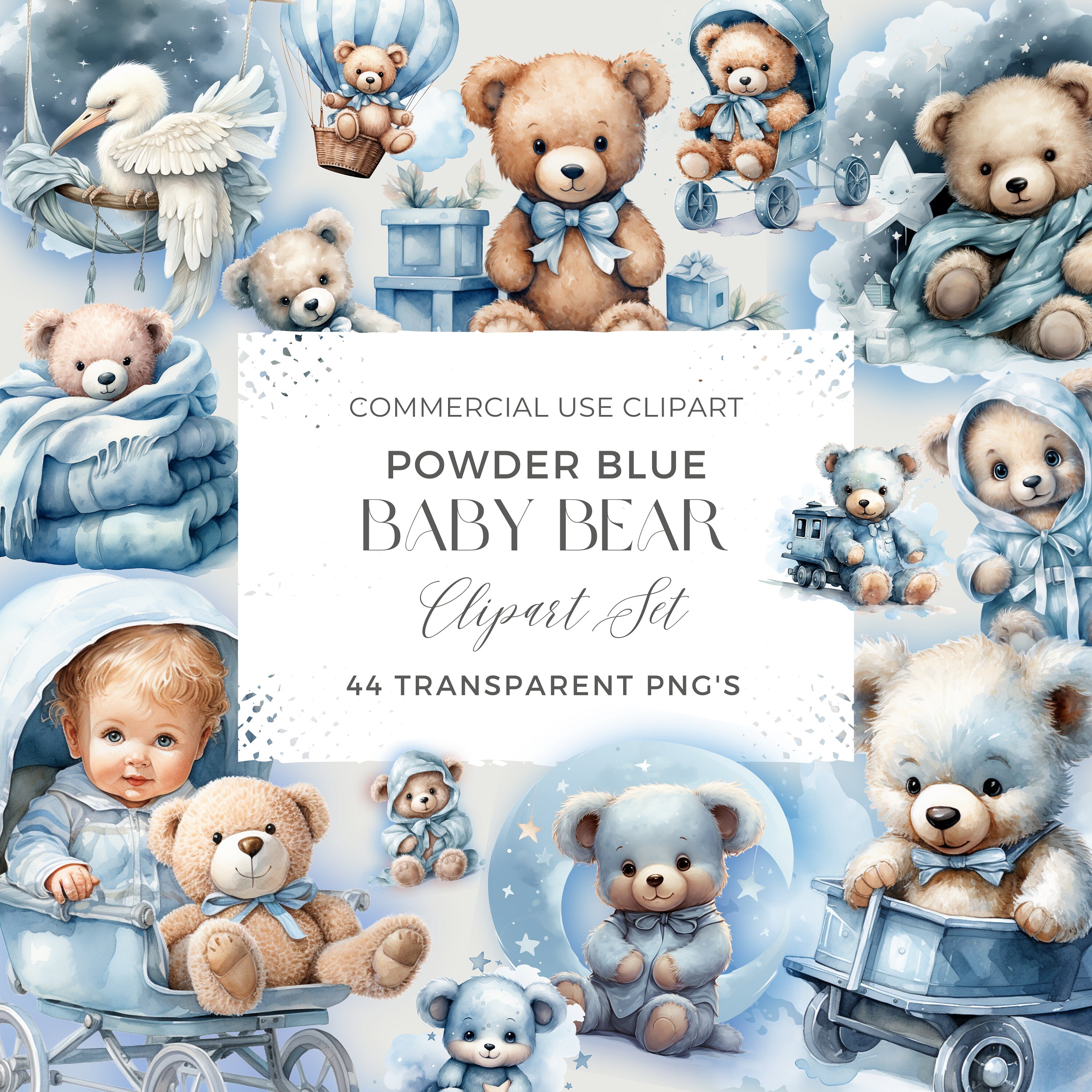 Blue Baby Bear Clipart, Commercial License, Watercolor Baby Shower ...