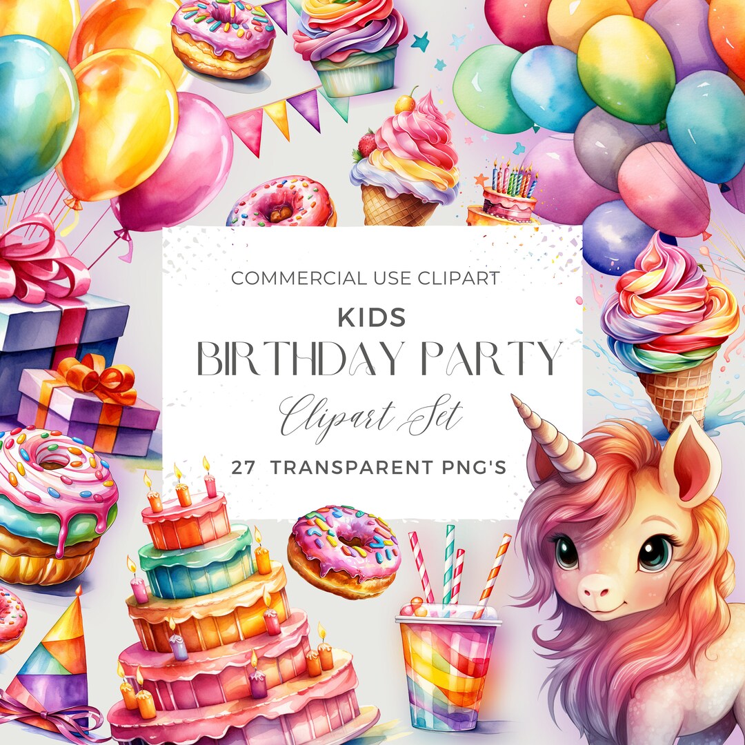 Kids Birthday Party Clipart, Commercial License, Rainbow Color Kids ...