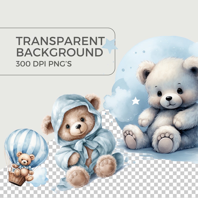 Blue Baby Bear Clipart, Commercial License, Watercolor Baby Shower ...