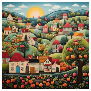 Colorful Folk Art: Apple Tree Harvest | AI Digital Instant Printable ...