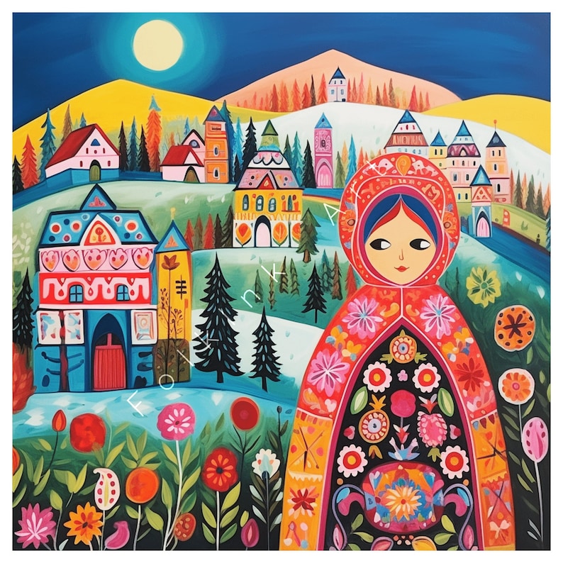 Timeless Slavic Elegance: AI Digital Folk Art Portrait of a Girl in a ...
