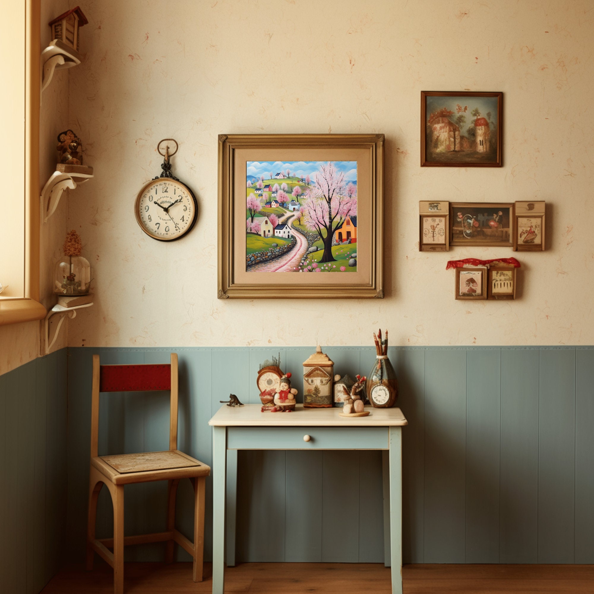 Path to Spring: Serene Village in Blossom Bloom AI Digital Wall ...