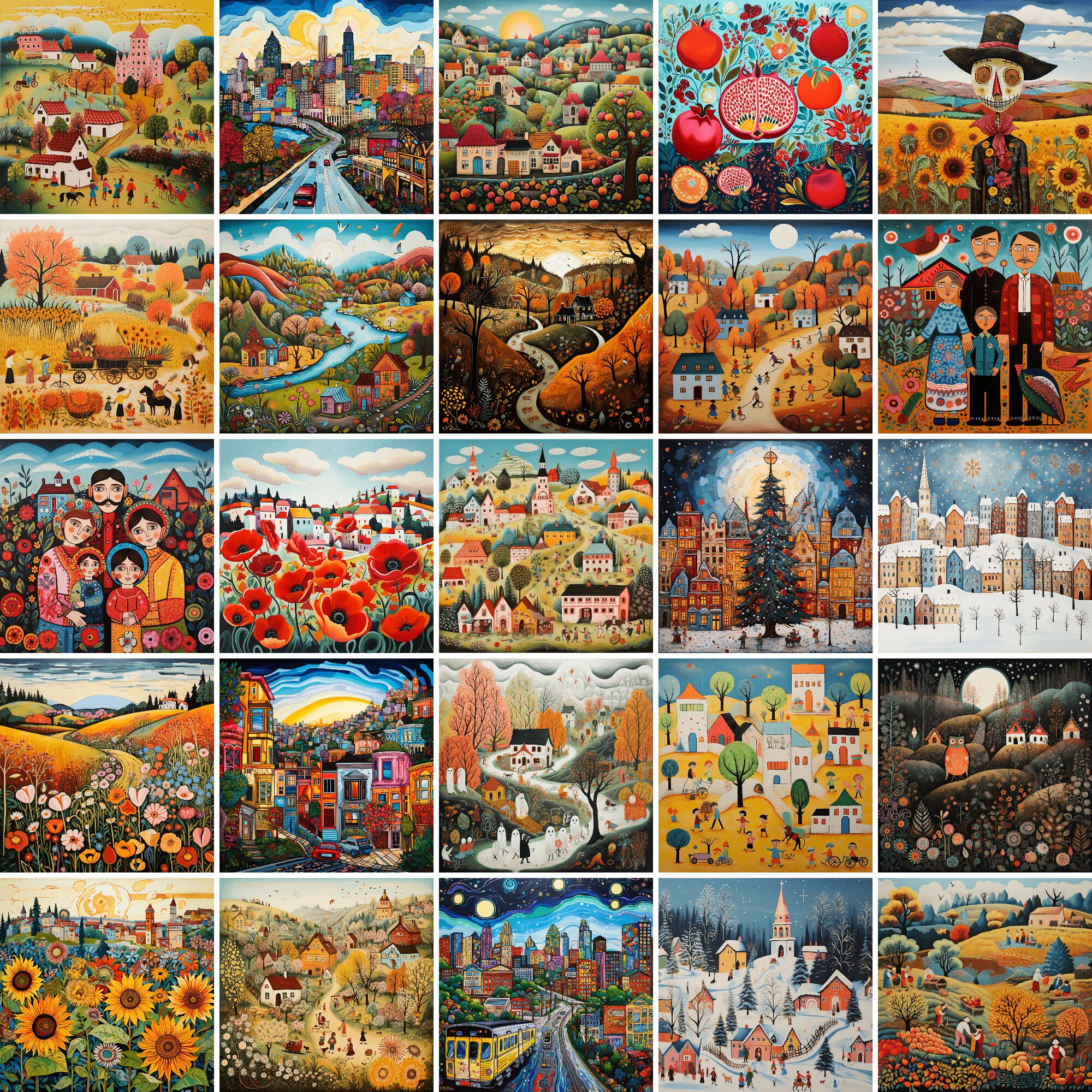 Village in the Fall: AI Digital Folk Art With Children's Laughter on a ...
