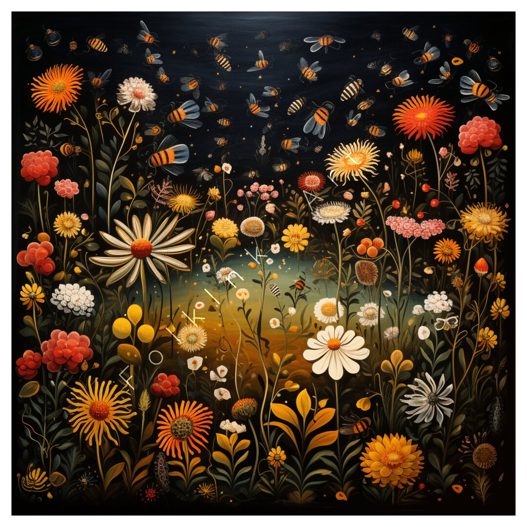 Nocturnal Buzz: Flowers and Bees in Nighttime Commotion | AI Digital ...