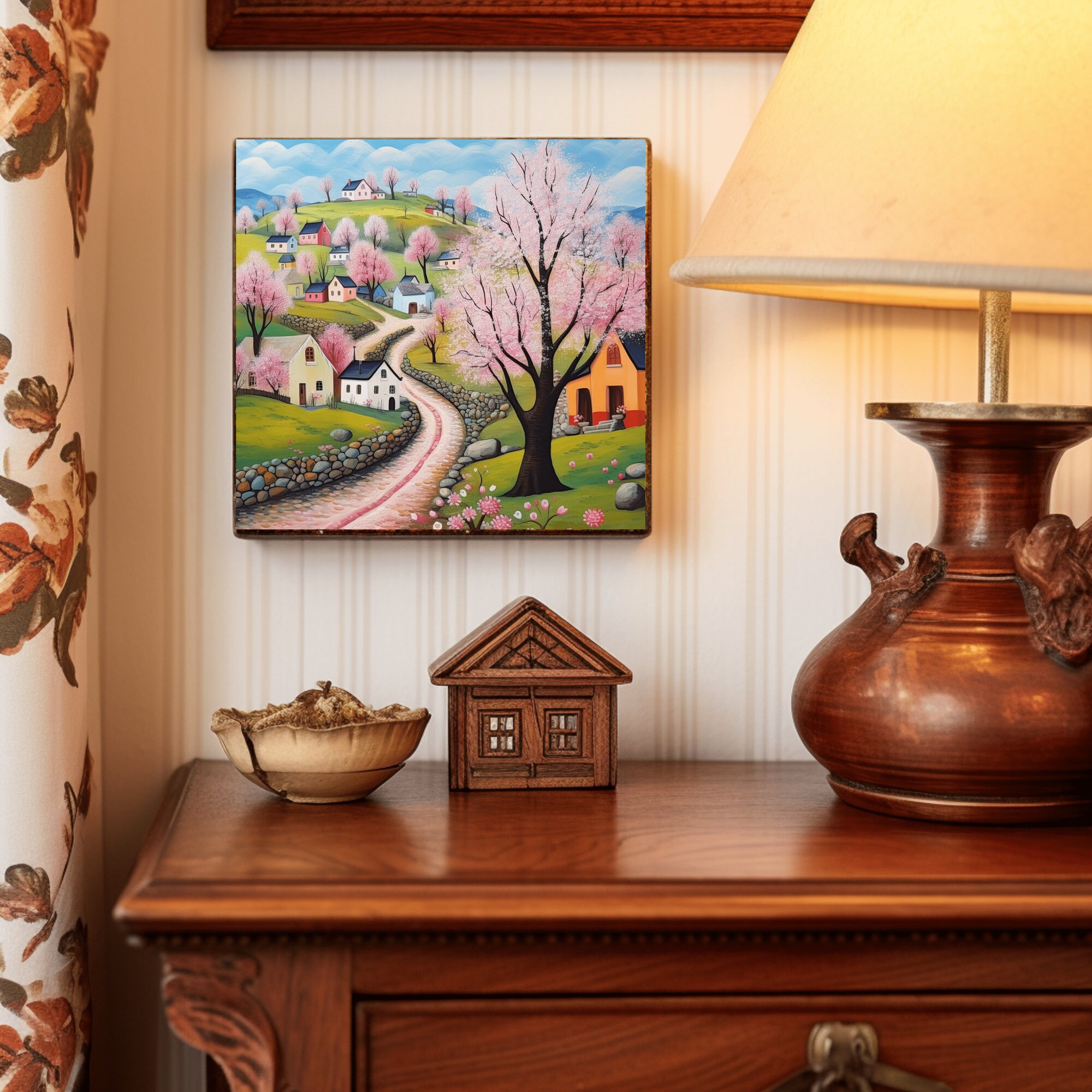 Path to Spring: Serene Village in Blossom Bloom AI Digital Wall ...