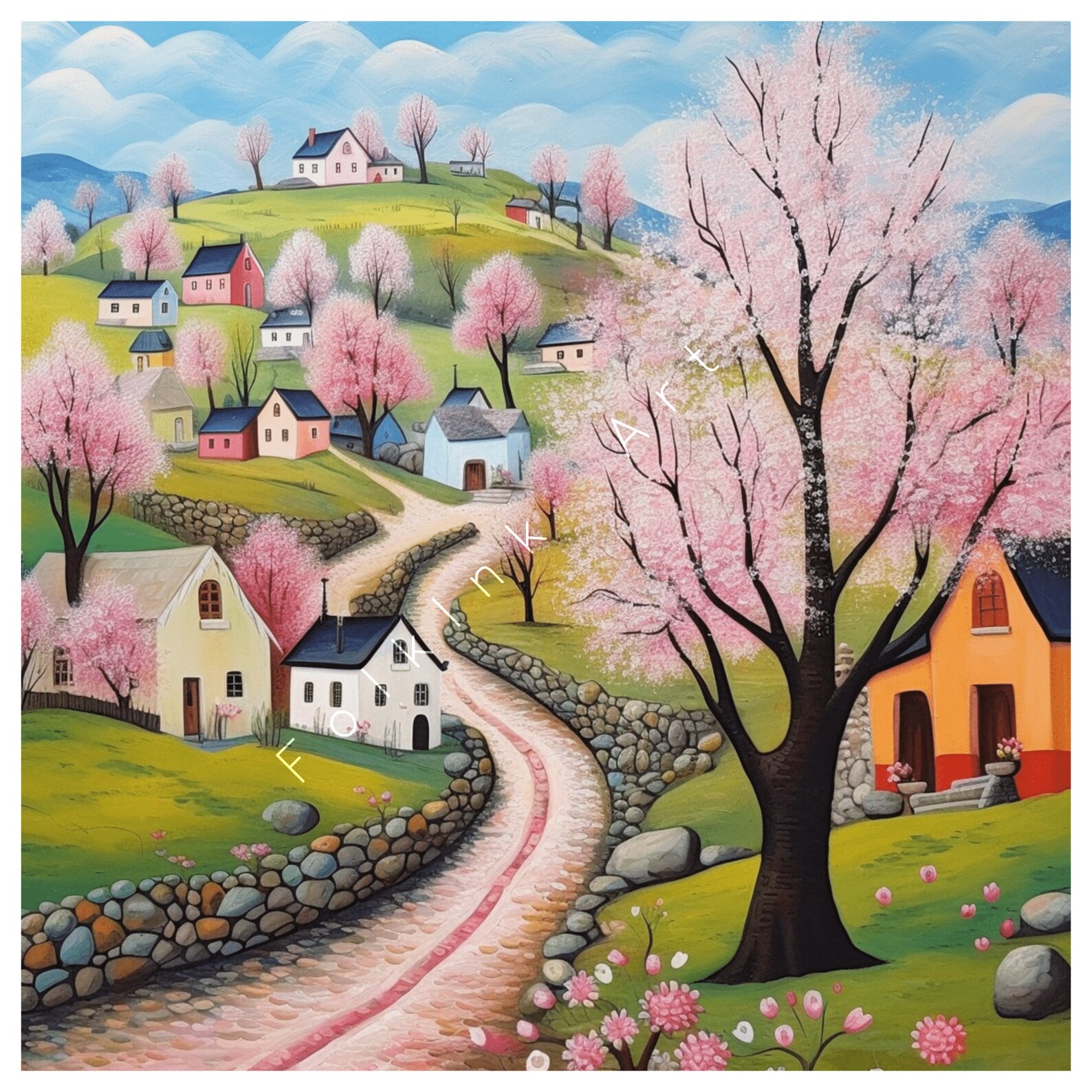 Path to Spring: Serene Village in Blossom Bloom | AI Digital Wall American Folk Art - Etsy
