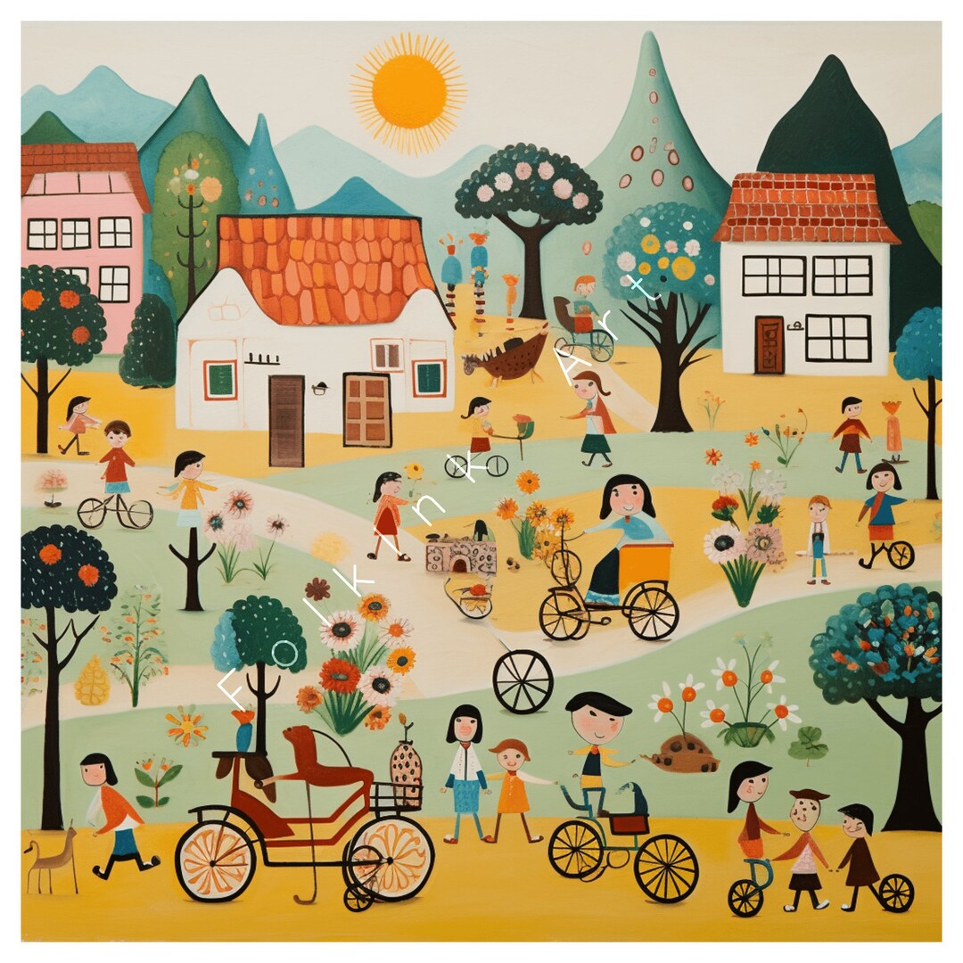 Cheerful Village Scene: AI Digital Folk Art Depicting Children's Play ...