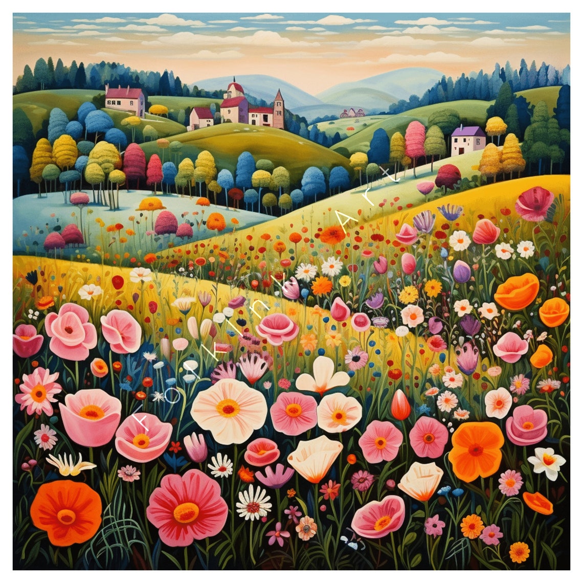Blooms of Serenity: Colorful Countryside Flower Field | AI Digital Folk ...