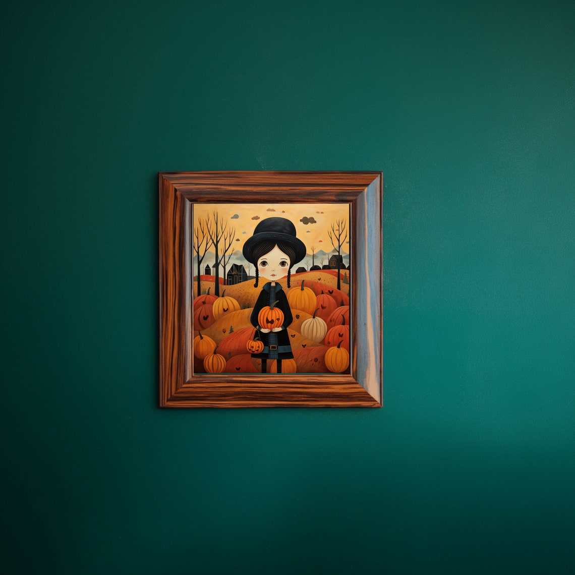 Pumpkin Wonderland: Folk Art Depiction of a Girl Among Pumpkins in the ...