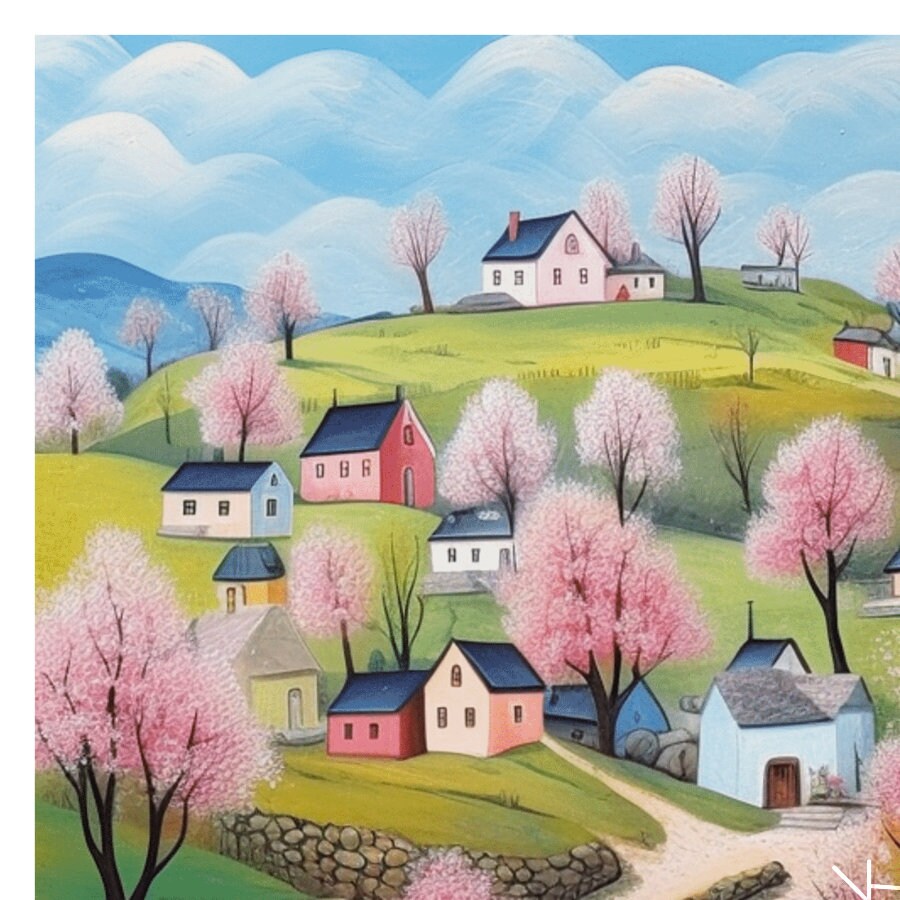 Path to Spring: Serene Village in Blossom Bloom AI Digital Wall ...