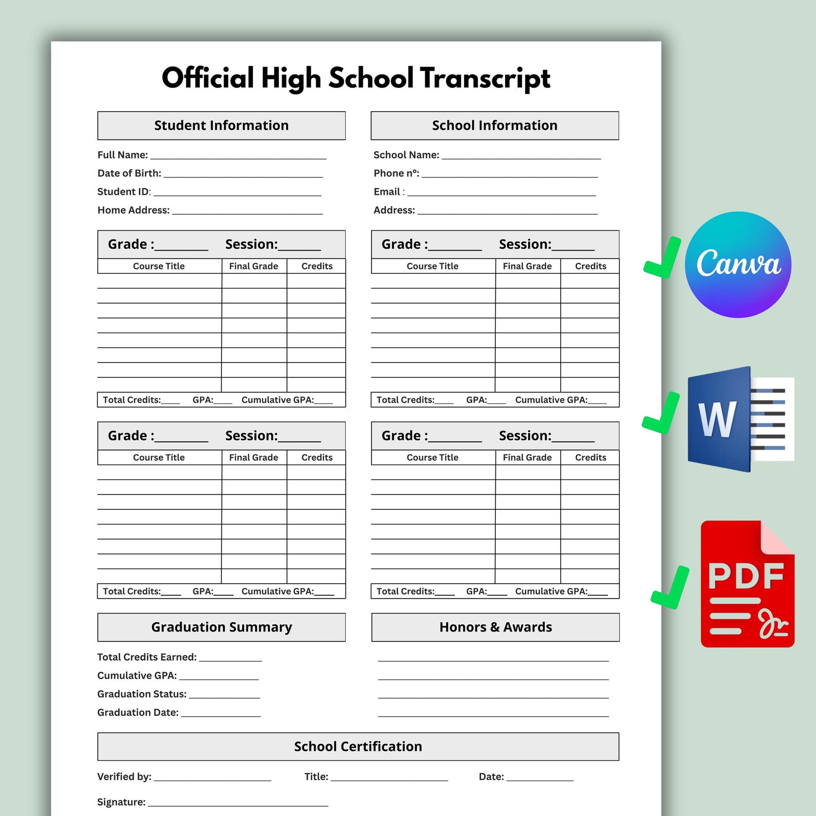 Editable High School Transcript Template, Homeschool Report Card ...