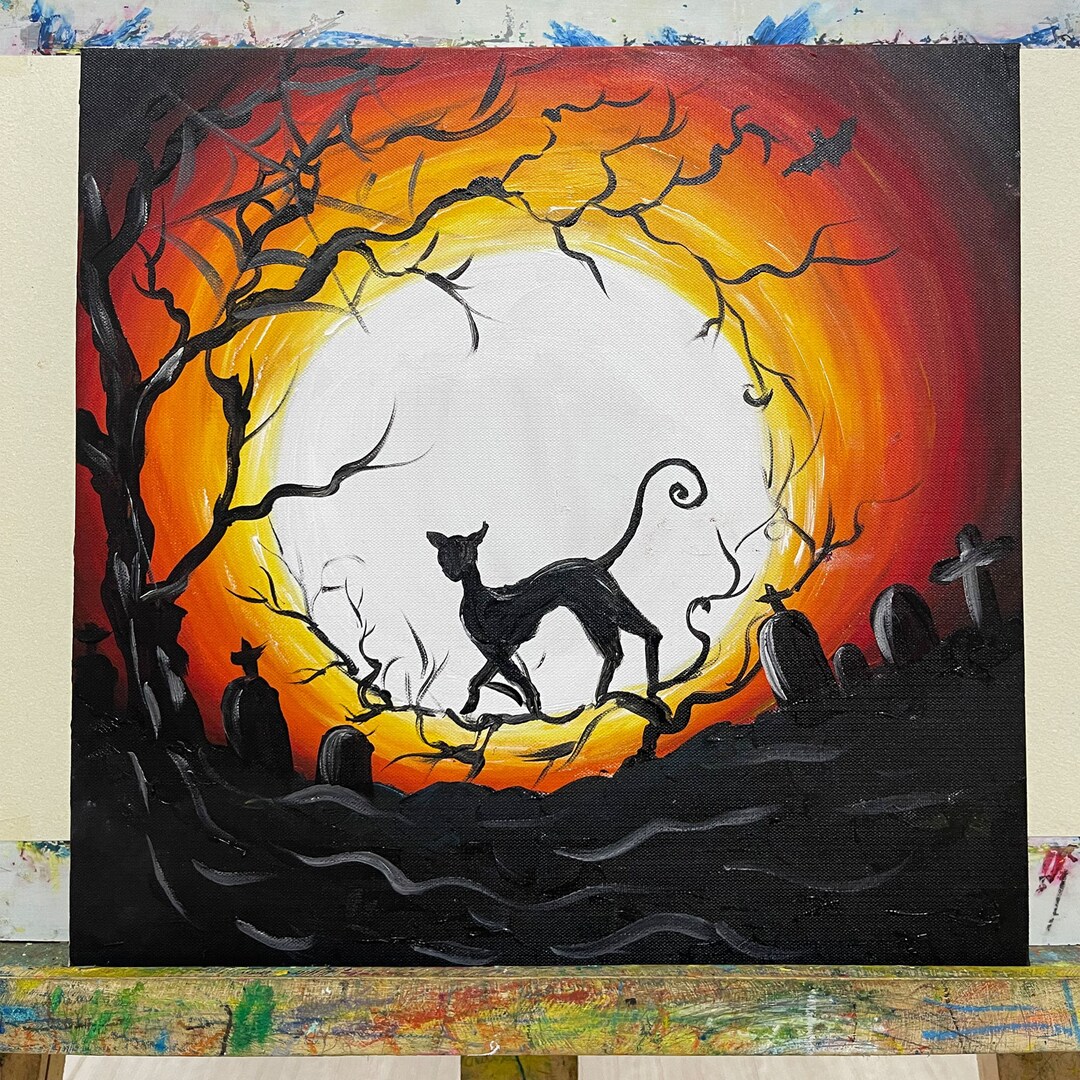 Halloween and Black Cat Painting Oil Pastel Suitable for Tabletop or ...