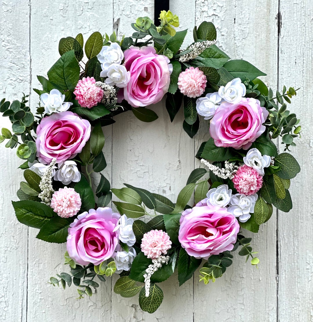 Spring Wreath, Pink Rose Wreath, Greenery Wreath, Spring Front Door ...