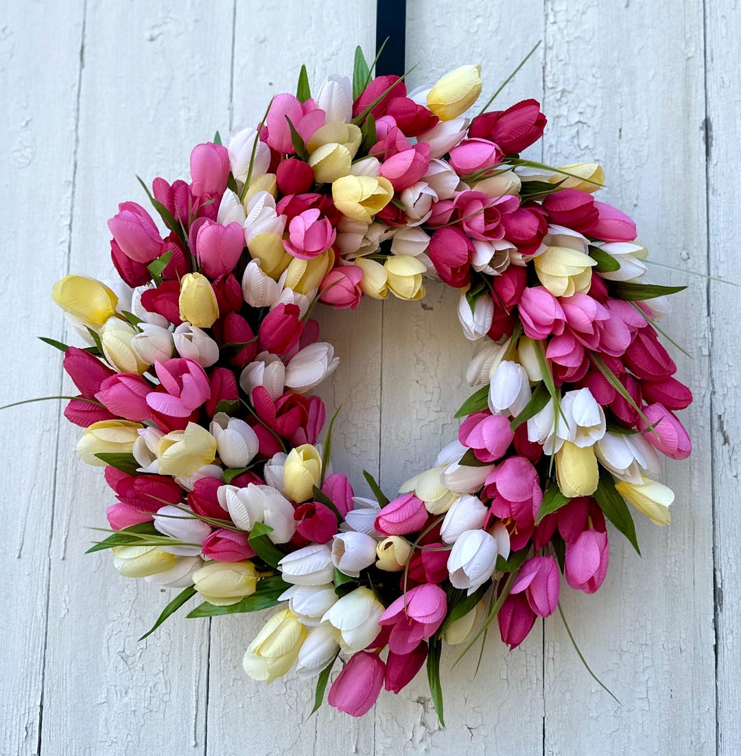 Tulip Wreath, Pink and Yellow Tulip Wreath, Spring Tulip Wreath, Spring ...
