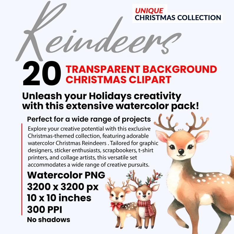Cute Christmas Santa Reindeer Clipart Pack, 20 PNG, Xmas Watercolor ...