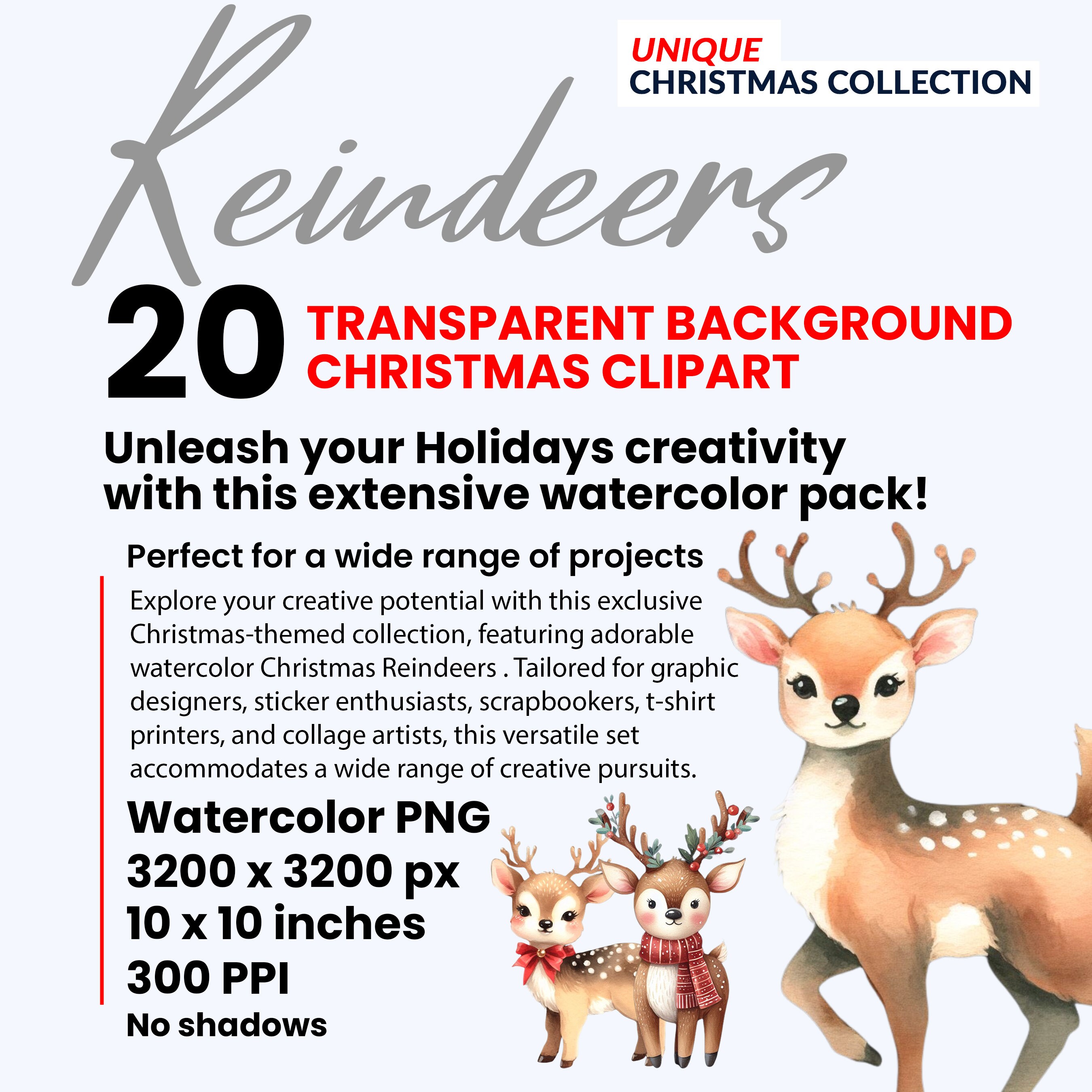 Cute Christmas Santa Reindeer Clipart Pack, 20 PNG, Xmas Watercolor ...
