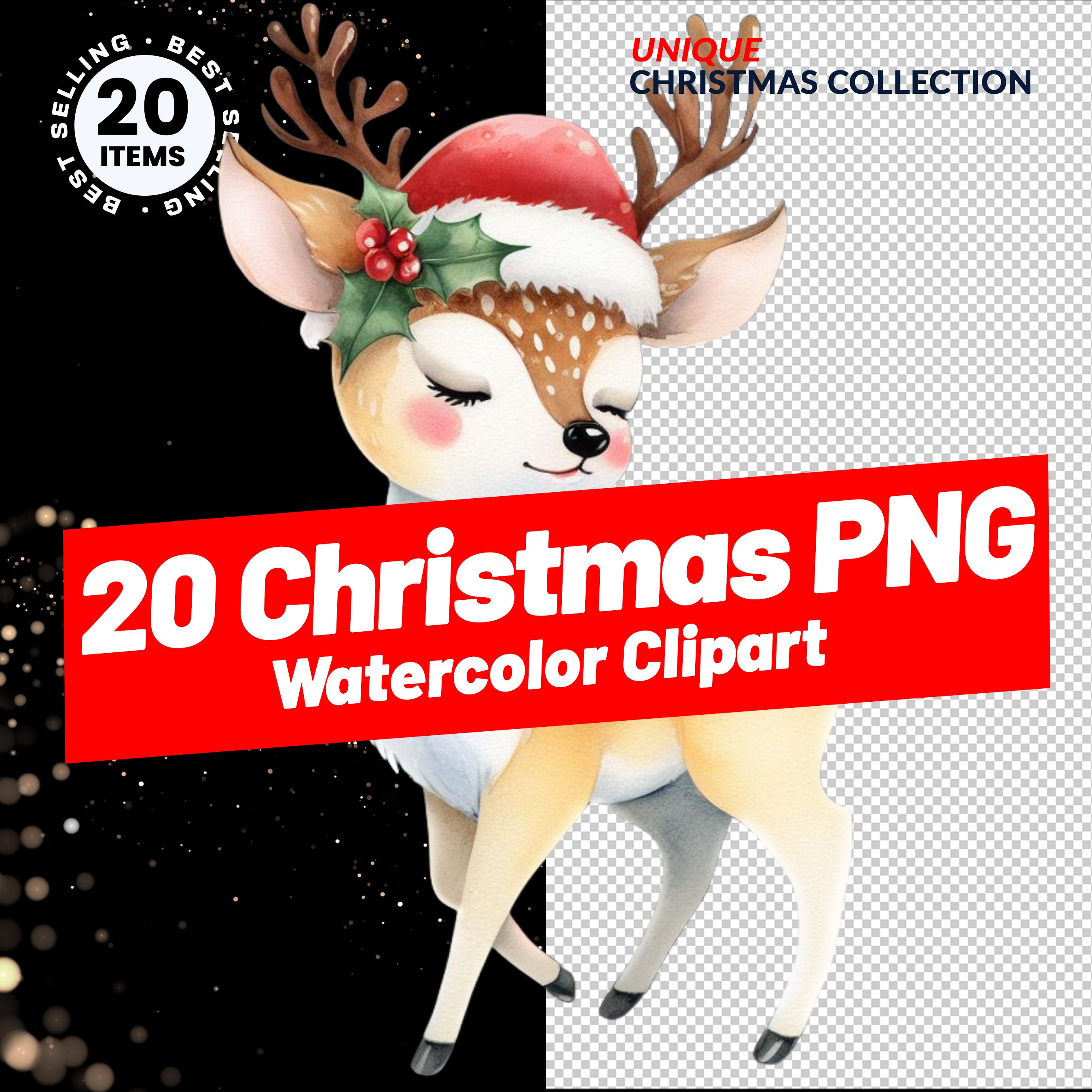 Cute Christmas Santa Reindeer Clipart Pack, 20 PNG, Xmas Watercolor ...