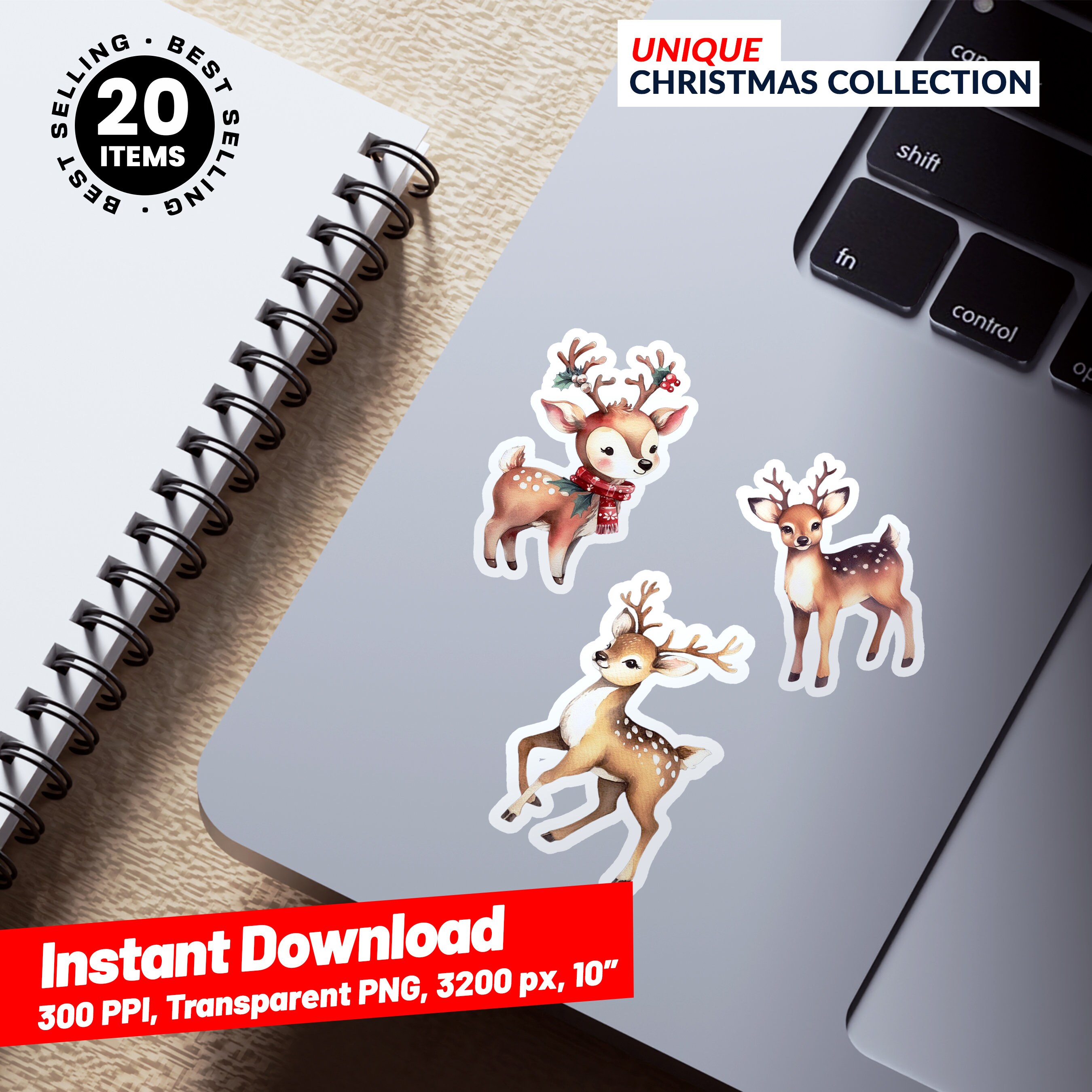 Cute Christmas Santa Reindeer Clipart Pack, 20 PNG, Xmas Watercolor ...
