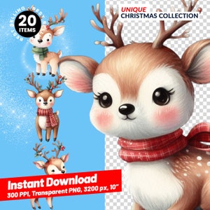 Christmas Santa Reindeer Clipart Pack, 20 PNG, Xmas Watercolor Clipart ...
