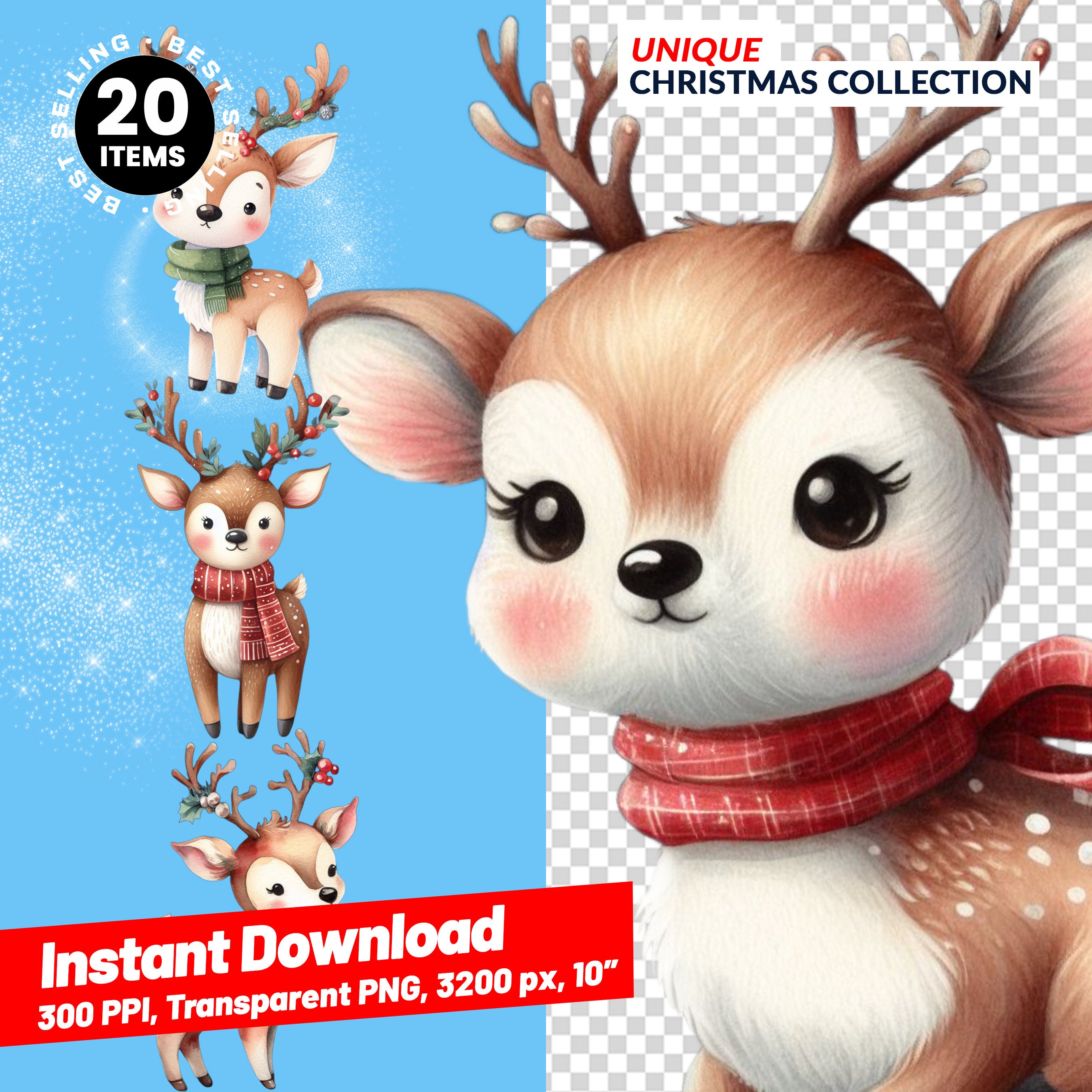 Cute Christmas Santa Reindeer Clipart Pack, 20 PNG, Xmas Watercolor ...