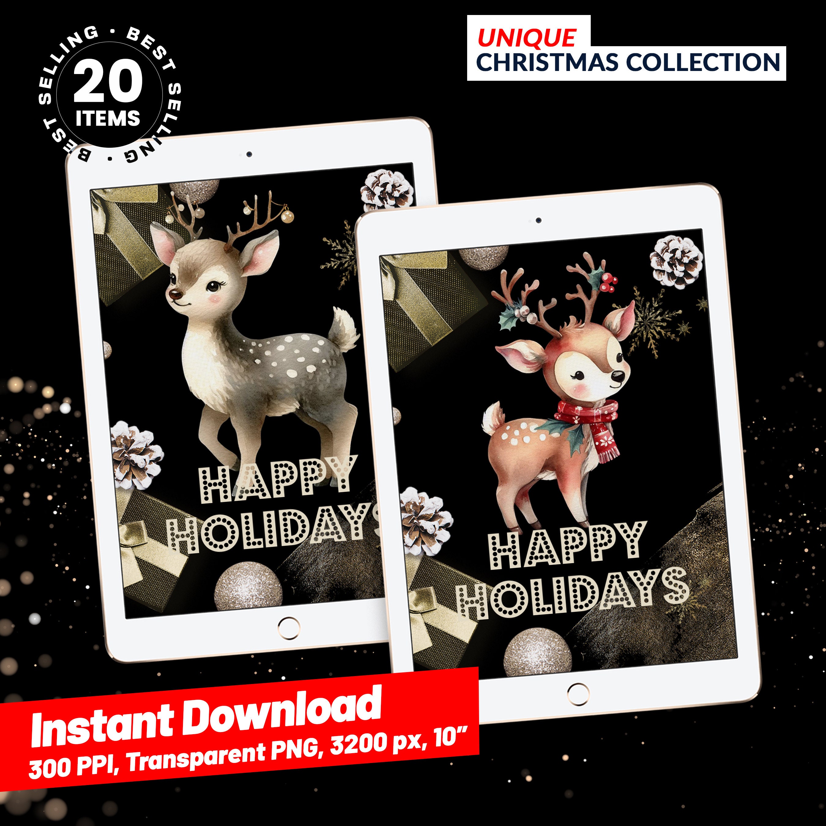 Cute Christmas Santa Reindeer Clipart Pack, 20 PNG 300 PPI Xmas ...